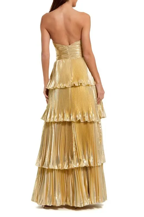 Mac Duggal Petite Strapless Metallic Pleated Gown - Gold
