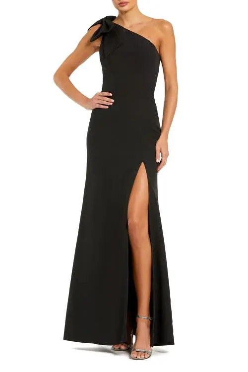 Mac Duggal Petite Crepe One-shoulder Gown With Bow Detail And Slit - Black