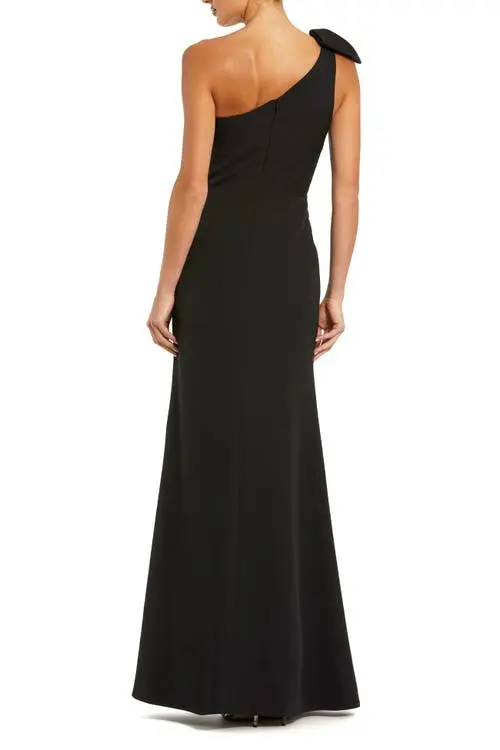 Mac Duggal Petite Crepe One-shoulder Gown With Bow Detail And Slit