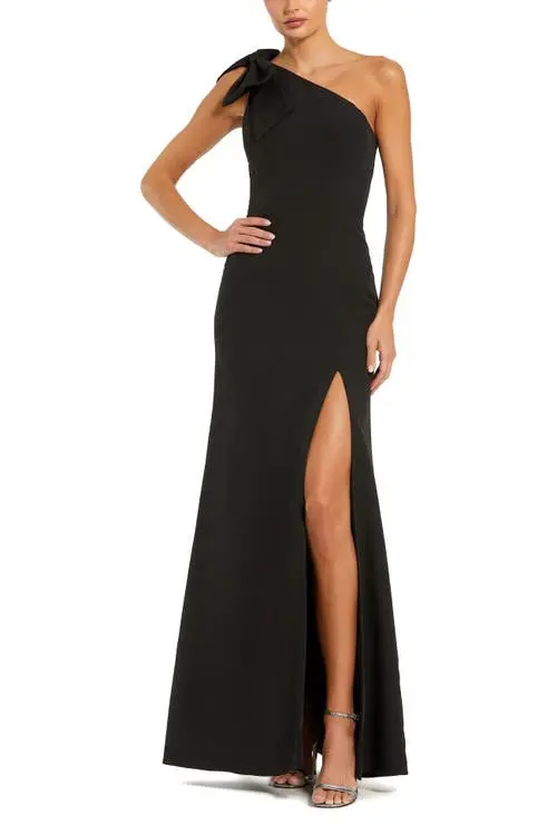 Mac Duggal Petite Crepe One-shoulder Gown With Bow Detail And Slit - Black