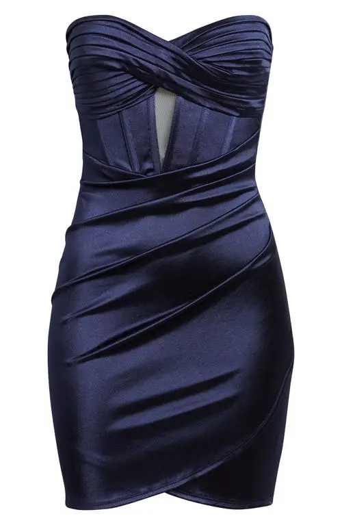 EMERALD SUNDAE Strapless Satin Minidress With Corseted Bodice - Navy