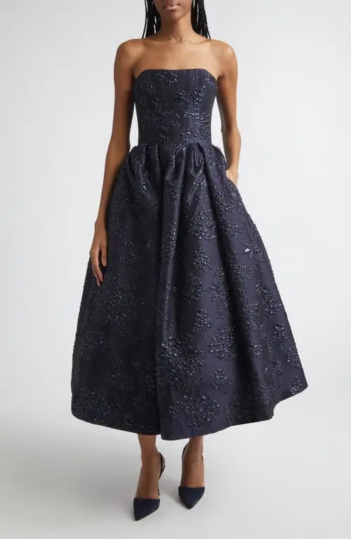 Carolina Herrera Strapless Metallic Floral Jacquard Midi Dress - Midnight