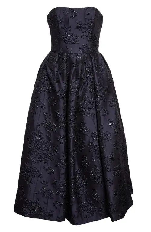Carolina Herrera Strapless Metallic Floral Jacquard Midi Dress