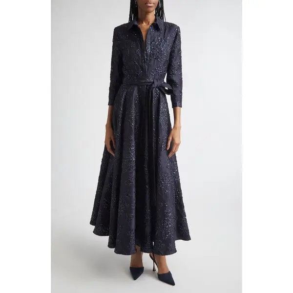 Carolina Herrera Metallic Floral Jacquard Trench Dress - Midnight