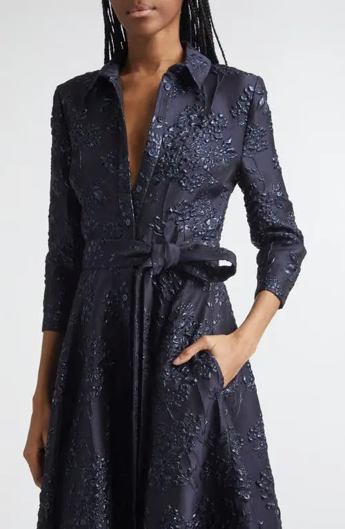 Carolina Herrera Metallic Floral Jacquard Trench Dress