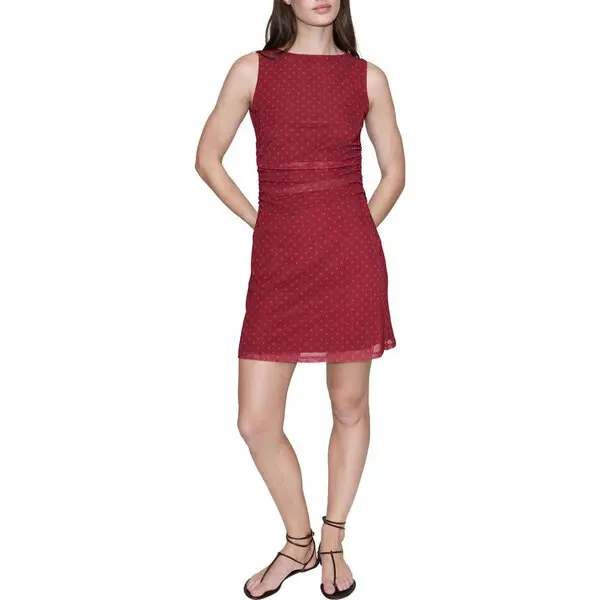 Mango Dot Print Ruched Sleeveless Tulle Minidress - Red