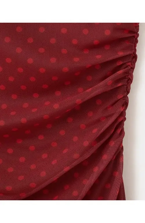 Mango Dot Print Ruched Sleeveless Tulle Minidress
