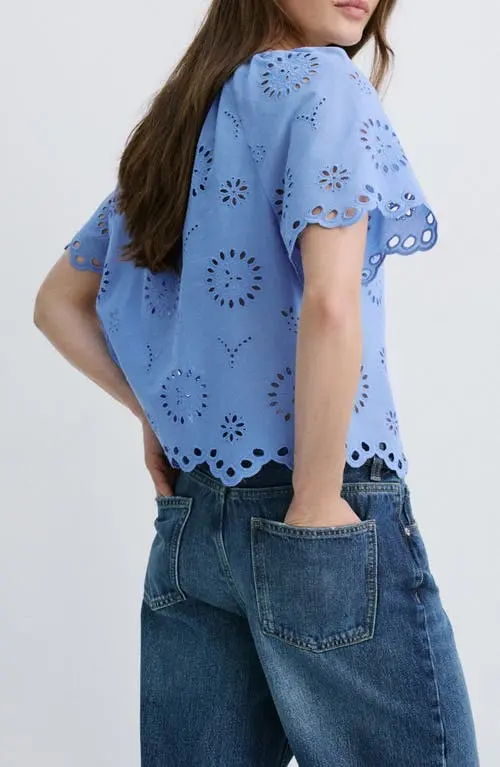 Mango Openwork Embroidered Cotton Button-up Top - Blue