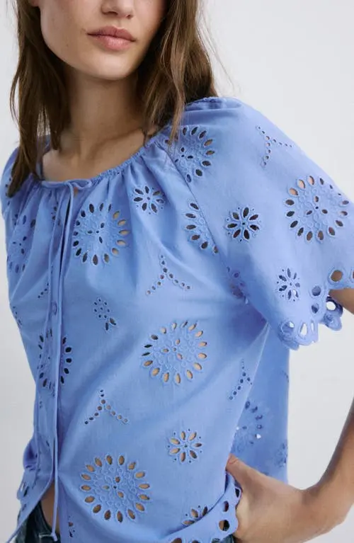 Mango Openwork Embroidered Cotton Button-up Top - Blue