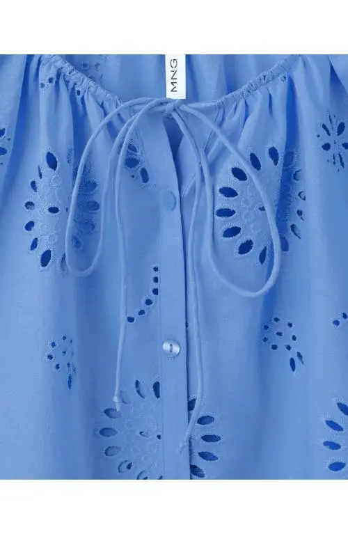Mango Openwork Embroidered Cotton Button-up Top - Blue