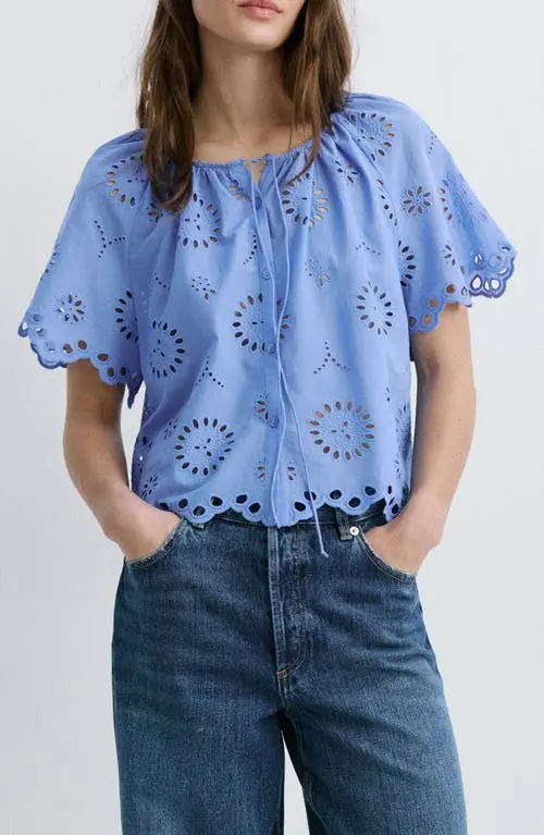 Mango Openwork Embroidered Cotton Button-up Top - Blue