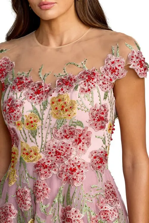 Mac Duggal Embroidered Floral Illusion Neck Cap Sleeve Gown