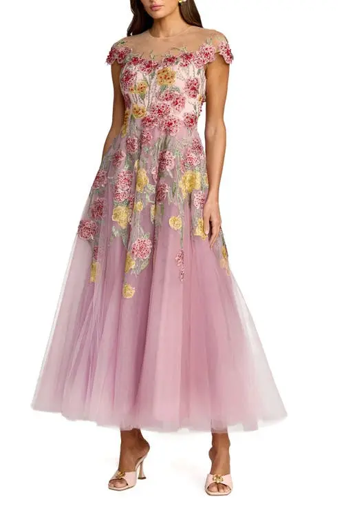 Mac Duggal Embroidered Floral Illusion Neck Cap Sleeve Gown - Mauve Multi