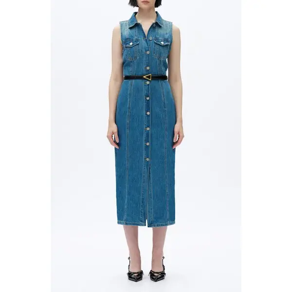 BAYEAS Julia Belted Sleeveless Denim Midi Dress - Medium Blue
