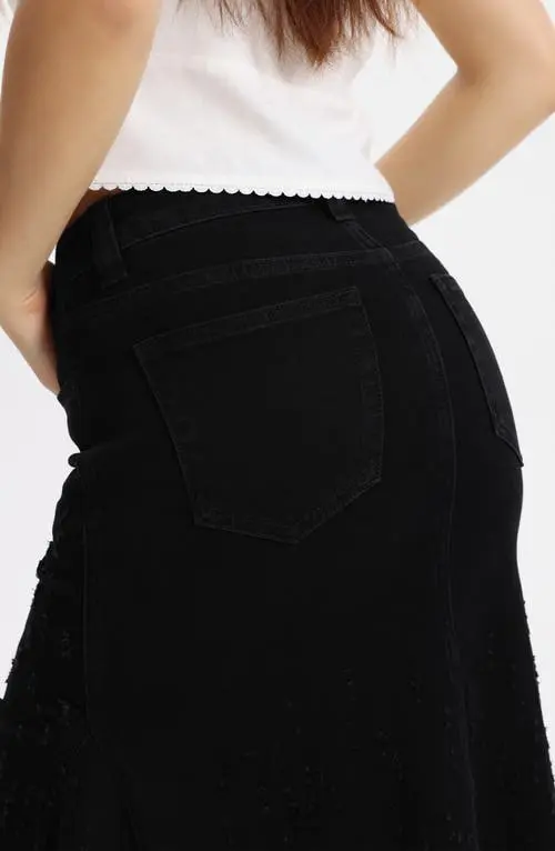 BAYEAS Fringe Denim Midi Skirt