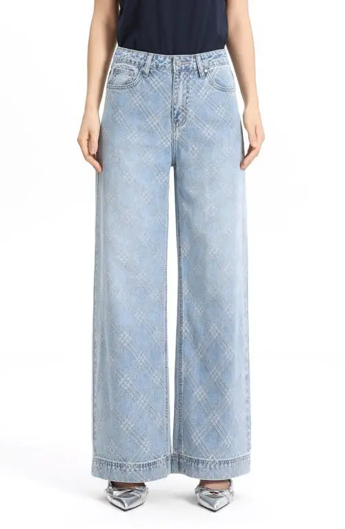 BAYEAS Embellished Textured Plaid High Waist Wide Leg Jeans - Lightstream