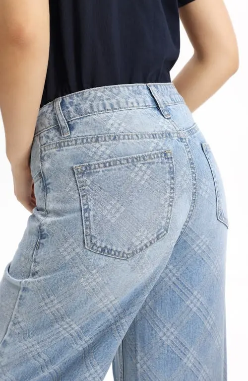 BAYEAS Embellished Textured Plaid High Waist Wide Leg Jeans