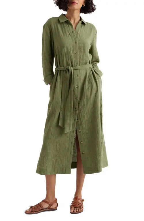 SEASALT CORNWALL Whitsand Cove Long Sleeve Organic Cotton Gauze Shirtdress - Cypress