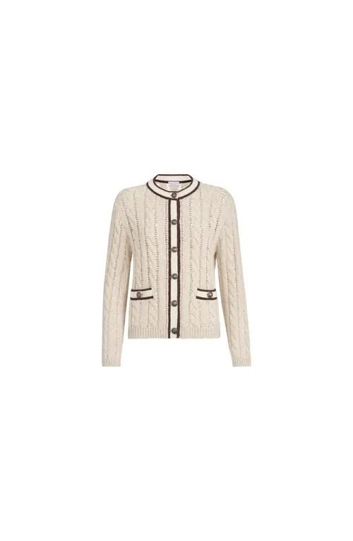 Brunello Cucinelli Soft Virgin Wool And Cashmere Diamond Yarn Cable Knit Cardigan - Cream