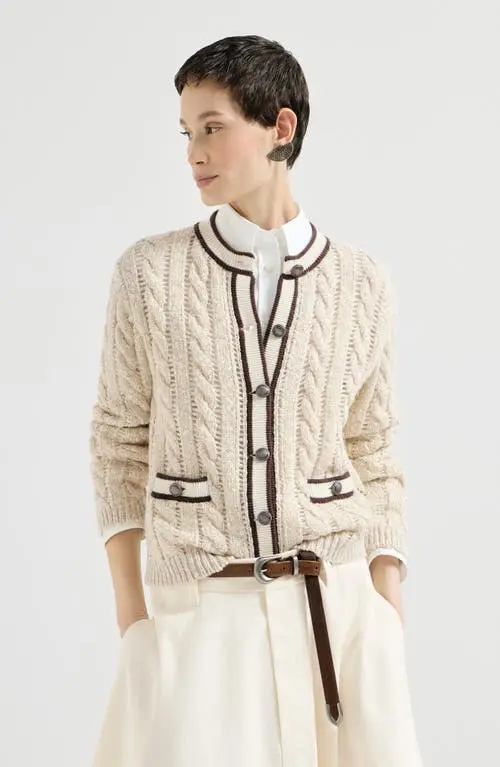 Brunello Cucinelli Soft Virgin Wool And Cashmere Diamond Yarn Cable Knit Cardigan - Cream