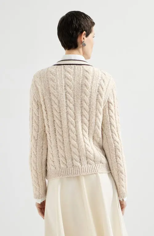 Brunello Cucinelli Soft Virgin Wool And Cashmere Diamond Yarn Cable Knit Cardigan - Cream