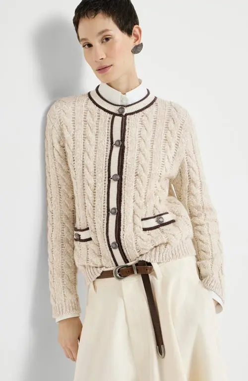 Brunello Cucinelli Soft Virgin Wool And Cashmere Diamond Yarn Cable Knit Cardigan - Cream