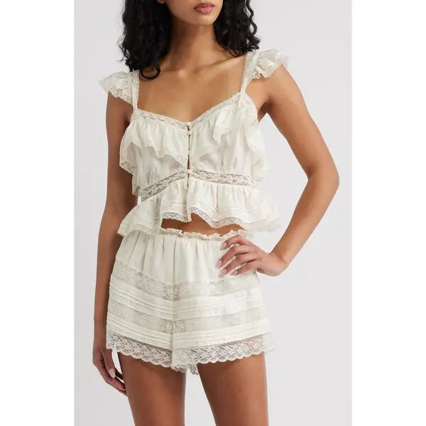 LoveShackFancy Linata Silk Top With Lace Trim - Ivory
