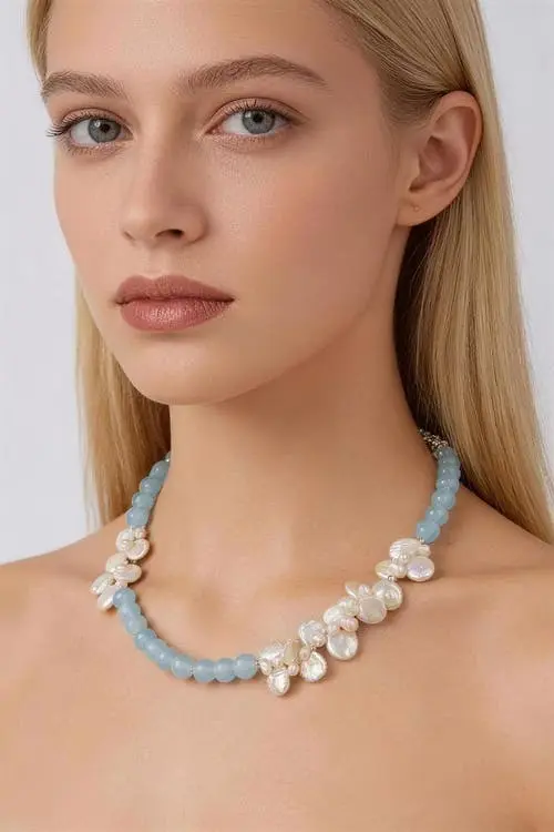 CLASSICHARMS Aquamarine & Pearl Choker Necklace