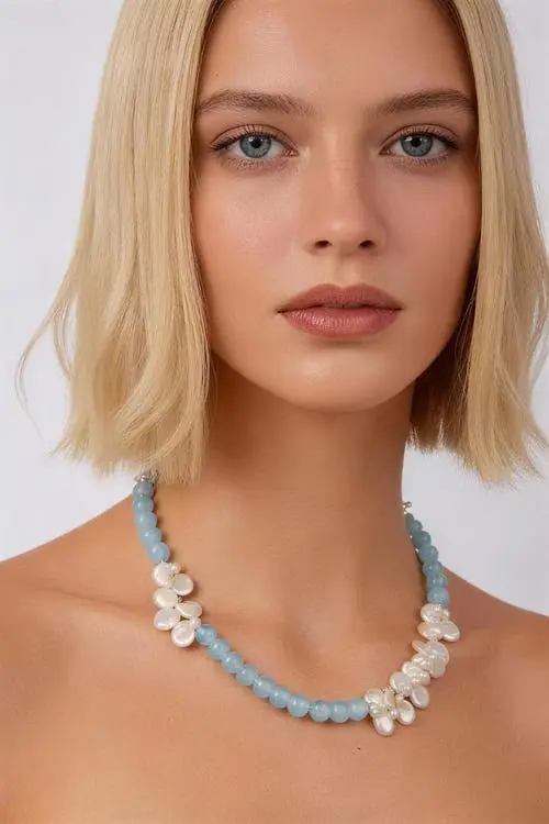 CLASSICHARMS Aquamarine & Pearl Choker Necklace