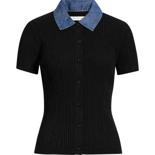 Elie Tahari Remington Denim Collar Short Sleeve Cardigan - Noir/denim