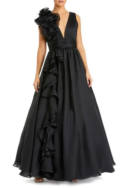 Mac Duggal Petite Ruffle Shoulder V-neck Chiffon Gown - Black