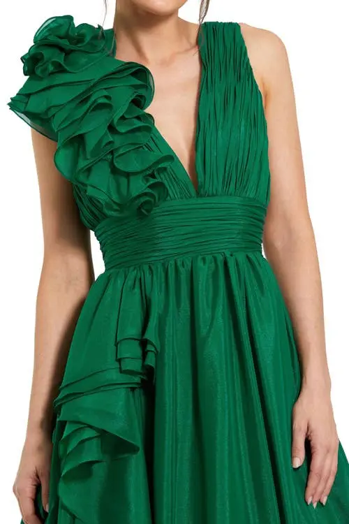 Mac Duggal Petite Ruffle Shoulder V-neck Chiffon Gown - Emerald