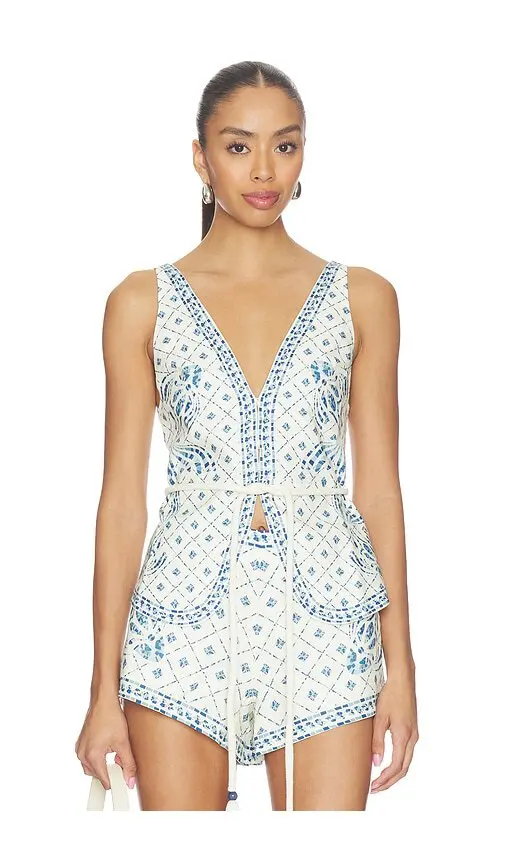 SHANI SHEMER Rue Top Ethnic Print Sleeveless V-neck - Blue