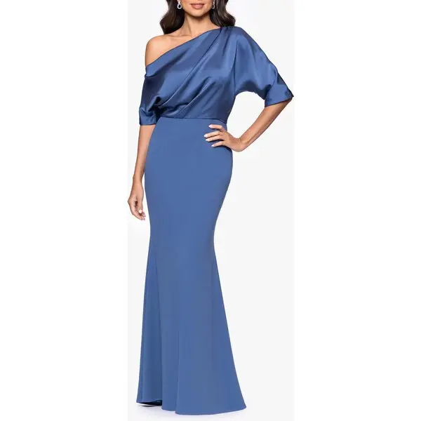 Betsy & Adam Scuba Crepe Satin One-shoulder Gown
