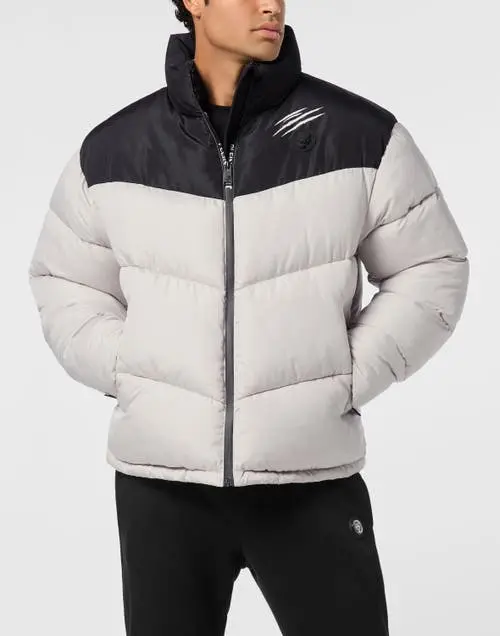 PLEIN SPORT Padded Quilted Bomber Jacket With Logo Detail - Beige