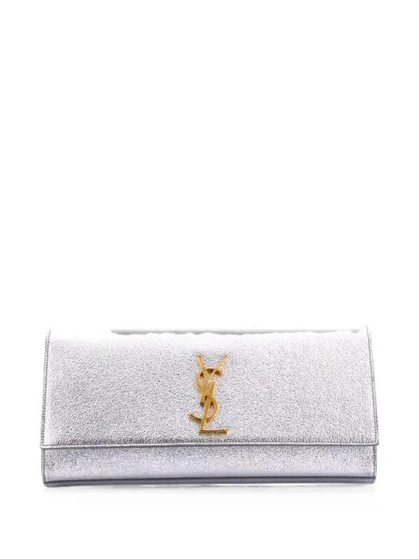 Saint Laurent Classic Monogram Metallic Calfskin Long Clutch Bag - Grey