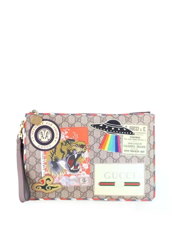 Gucci Gg Coated Canvas Applique Clutch Bag - Brown