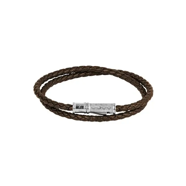 Tateossian Brown / Silver Thompson Lucky Clover Double Wrap Bracelet In Brown Leather - Brown/silver