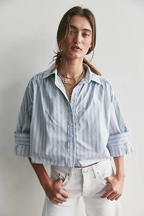 Free People We The Free Mira Pinstripe Cropped Shirt