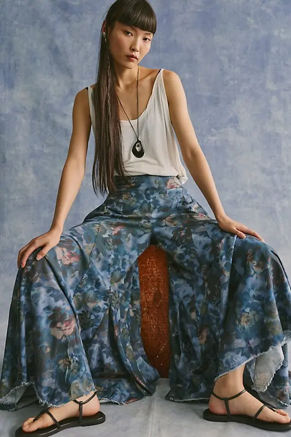 Free People Fallen Star Printed Wide-leg Pants - Ocean Combo