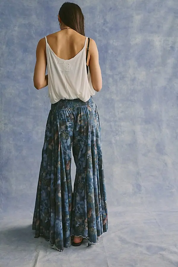 Free People Fallen Star Printed Wide-leg Pants - Ocean Combo