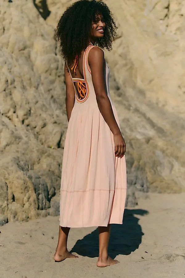 Free People Palmer Midi Dress With Contrast Trim - Peach Combo