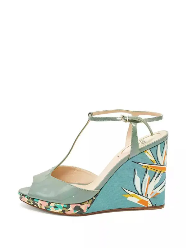 Fendi Patent Leather Floral Print Wedge Sandals