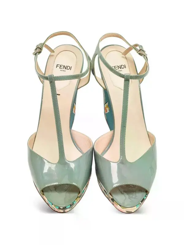 Fendi Patent Leather Floral Print Wedge Sandals