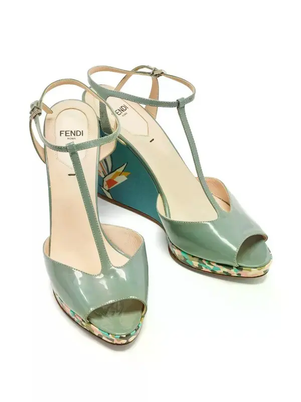 Fendi Patent Leather Floral Print Wedge Sandals