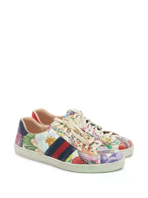 Gucci Ace Floral Print Leather Lace-up Sneakers - Neutrals