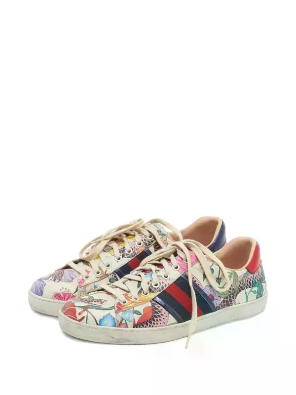 Gucci Ace Floral Print Leather Lace-up Sneakers - Neutrals