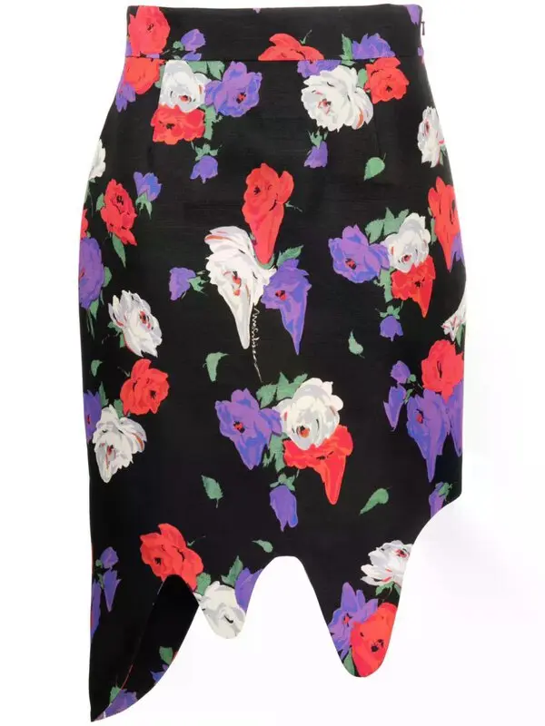 Moschino Asymmetric Floral Print Midi Skirt - Black