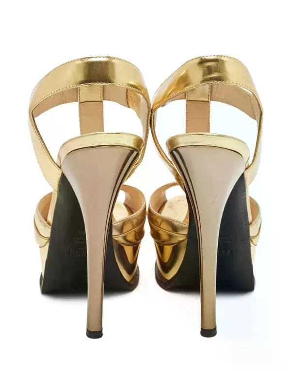 Fendi Gold Tone Metallic Leather Peep Toe Heeled Sandals