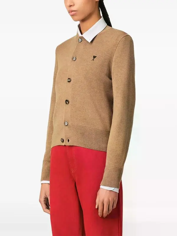 AMI Paris Crew Neck Wool Cardigan With De Coeur Embroidery